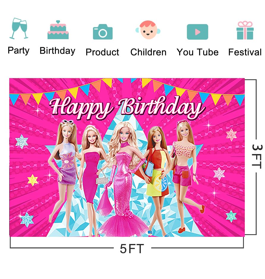 Pink Backdrop for Birthday Party Decorations Girls Birthday Banner Party Decoration Supplies for Cake Table Decoration 5x3ft