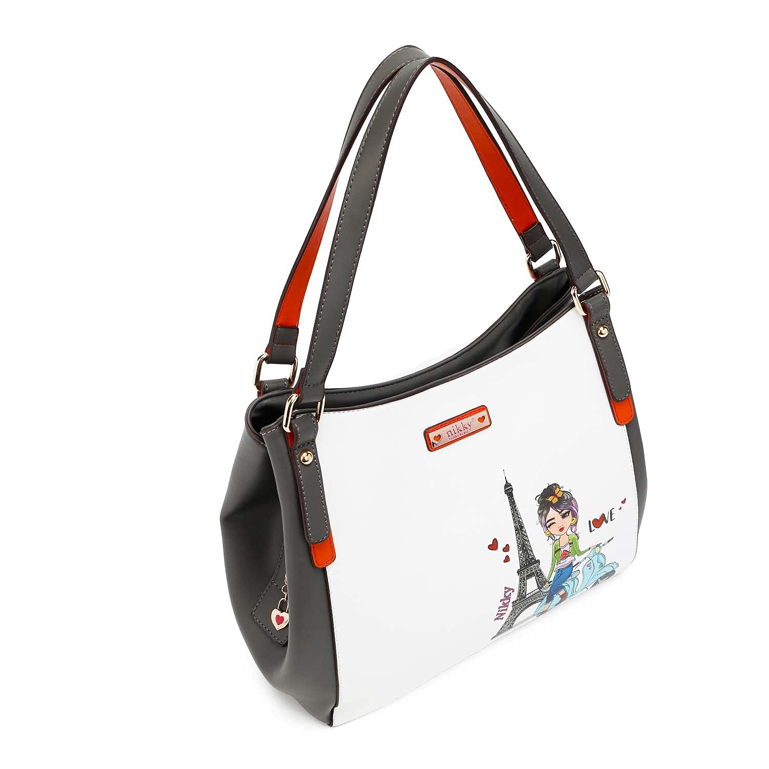 Nicole Lee Nikky Scooter Sophie Fashion Print Hobo Bag, White Vegan Leather Handbag