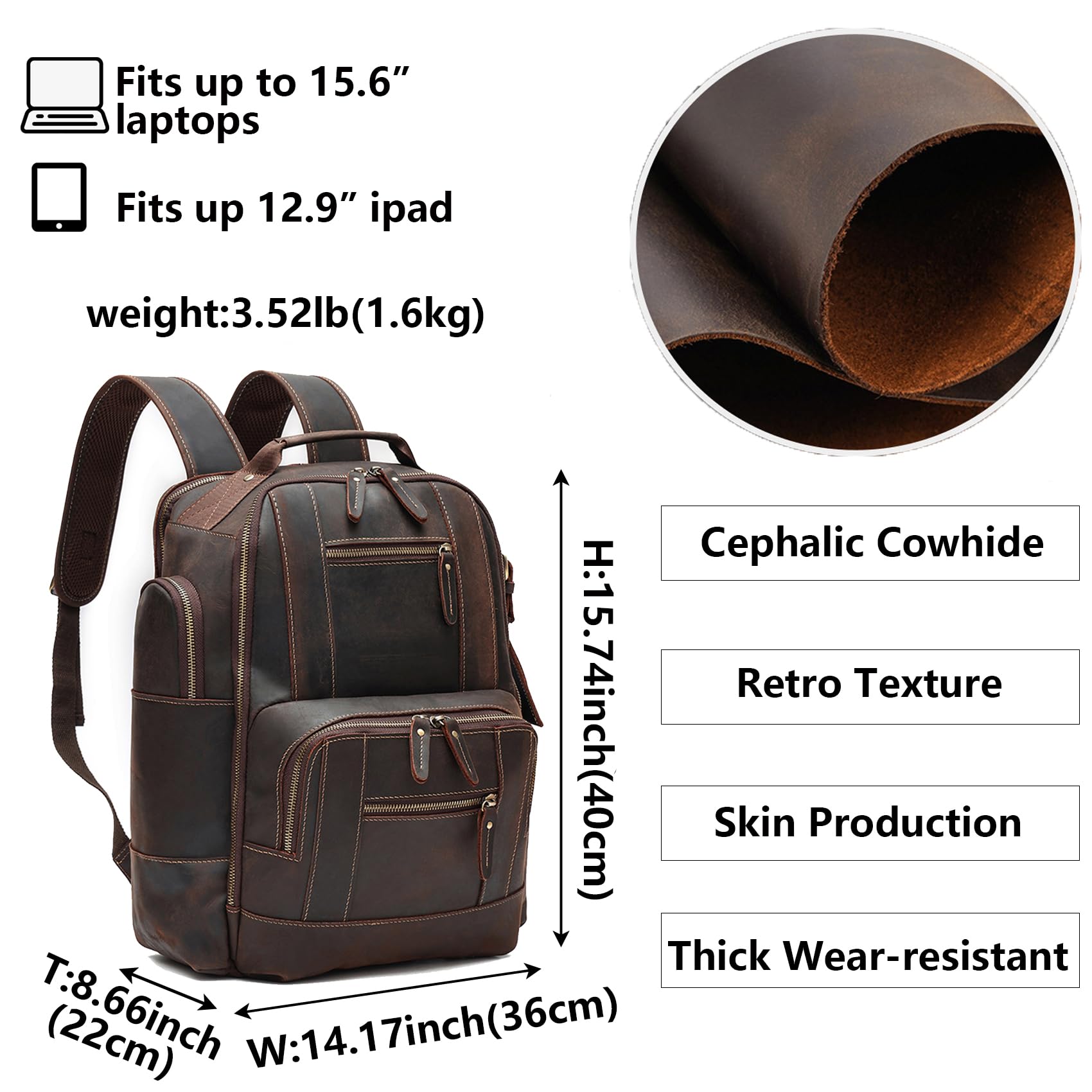 Tenvery Leather Backpack For Men Full Grain Leather Rucksack 15.74" Large Capacity Laptop Business Office Work Bag Travel Camping Bag