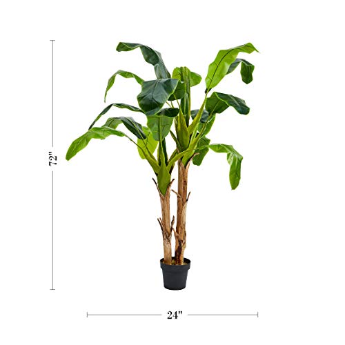 Pure Garden Artificial Banana Leaf Tree-72” Double Trunk Style Faux Plant in Sturdy Realistic Indoor Potted Topiary-Home Décor