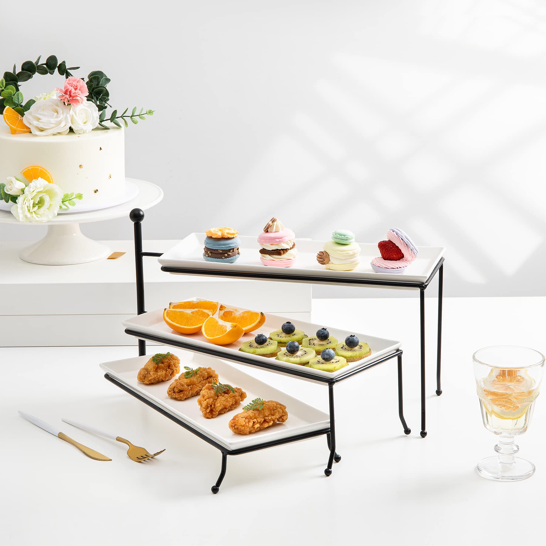 Sweese 10inch Porcelain Cake Stand White + 3 Tiered Foldable Serving Stand White for Brithday Party, Valentine's Day and Events