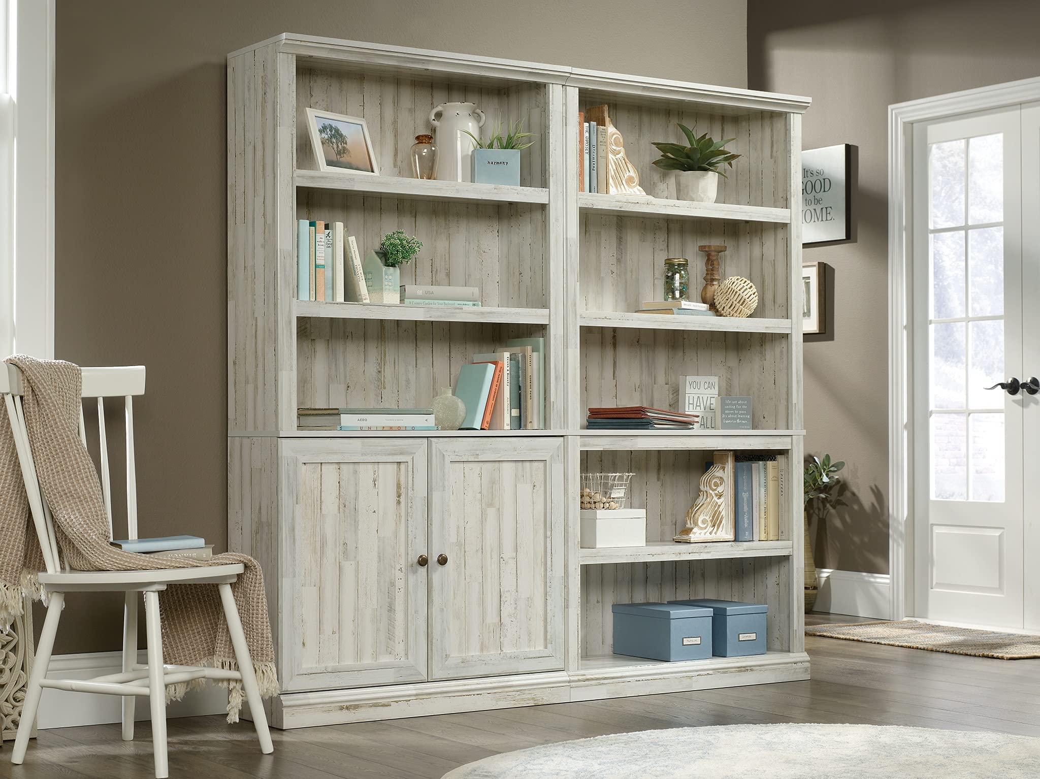 Sauder Miscellaneous Storage Bookcase/ Book Shelf With Doors, White Plank finish