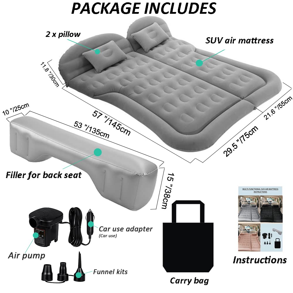 SAYGOGO SUV Air Mattress Camping Bed Cushion Pillow - Inflatable Thickened Car Air Bed with Air Pump Portable Sleeping Pad Mattress for Home Car Travel Camping Upgraded Version - Grey