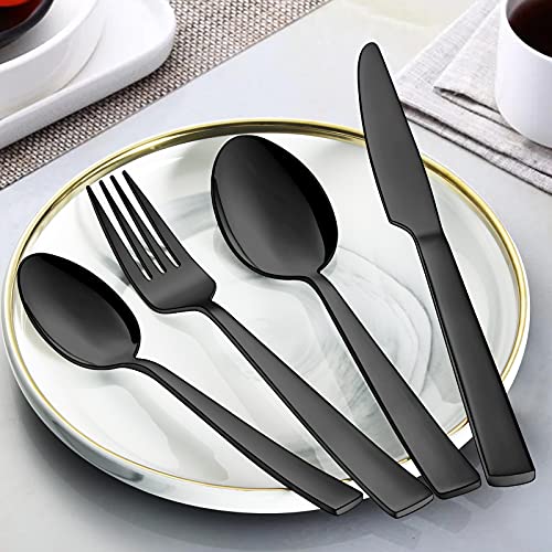 Wildone 40-Piece Black Silverware Set, Stainless Steel Flatware Square Cutlery Set Service for 8, Eating Utensils Include Knife Fork Spoon, Mirror Polished & Dishwasher Safe