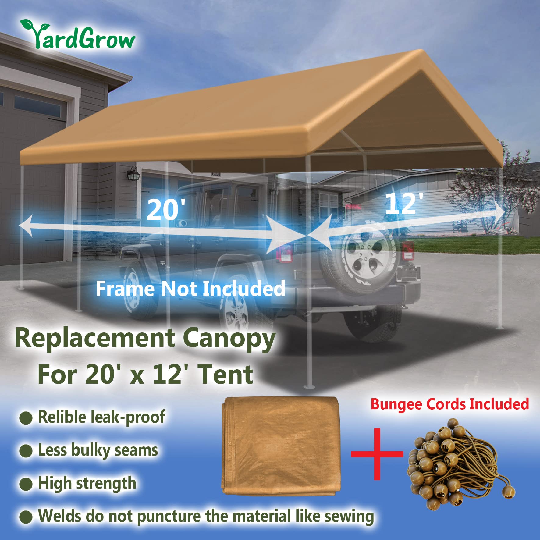 YardGrow 12x20ft Carport Canopy Replacement Cover Garage Tent Tarp Waterproof & UV Protected with Bungees, Frame Not Included (Tan)