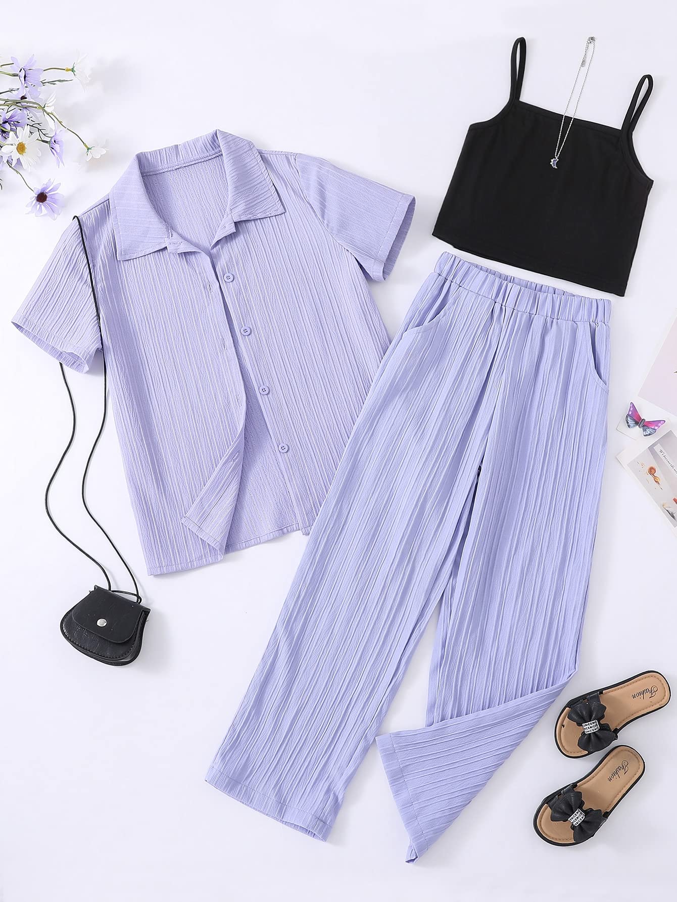 OYOANGLE Girl's Summer 3 Pieces Button Down Short Sleeve Shirt and Cami Tops with Pocket Pants Set Purple and Black 8Y
