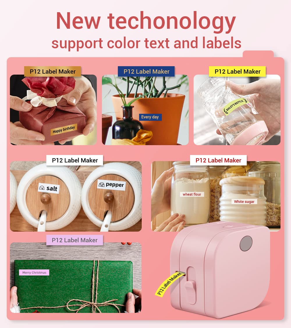Phomemo Portable Label Maker Machine P12 for Organizing, Small Bluetooth Label Printer with 12mm x 4m Refills, Available in Multiple Text & Fonts,