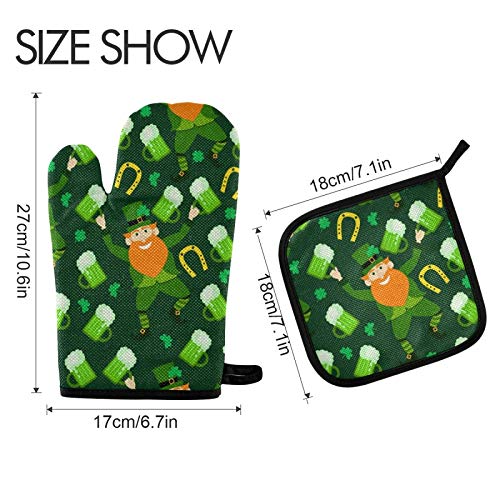 ST Clover Beer Oven Mitts & Pot Holders Set Saint Patrick's Day Kitchen Decor Heat Resistant Gloves PotHolders Pad 2Pcs Microwave Gloves for Baking Cooking Grilling BBQ Home Decor