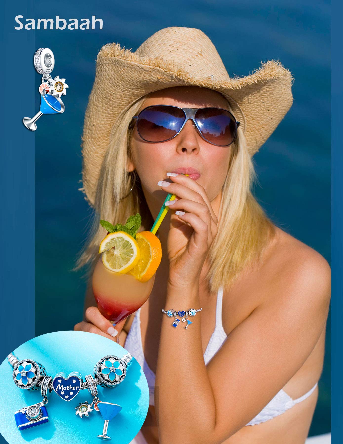 Sterling Silver Cocktail Drink Charm, Martini Glass Charm Summer Beach Theme, Fruit Lemon Dangle Charm with Cubic Zirconia for Women Pandora Style Bracelets