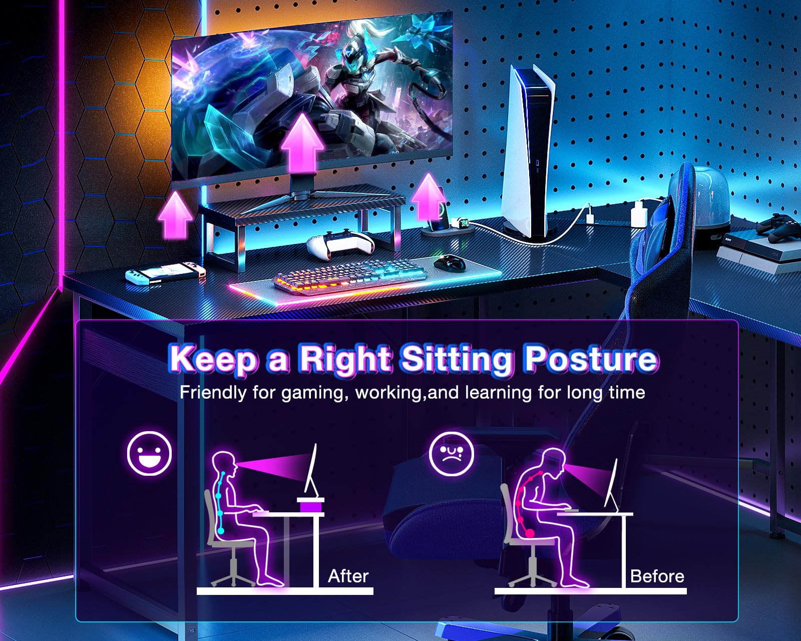 ODK L Shaped Gaming Desk with Power Outlets, 51 Inch Computer Desk with Monitor Stand, PC Gaming Desk, Corner Desk Table for Home Office Sturdy Writing Workstation, Carbon Fiber Surface, Black