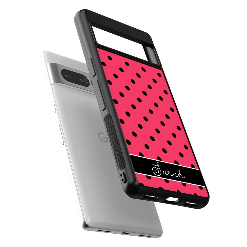 Pinkish Red and Black Polka Dot Personalized Black Rubber Phone Case Compatible With Google Pixel 8 Pro, 8a, 8, 7a, 7, Pixel 7 Pro, 6a, Pixel 6 Pro, 6, 5, 4a 5G, 4a 4G, 4, 4 XL, 3a, 3a XL, 3, 3 XL