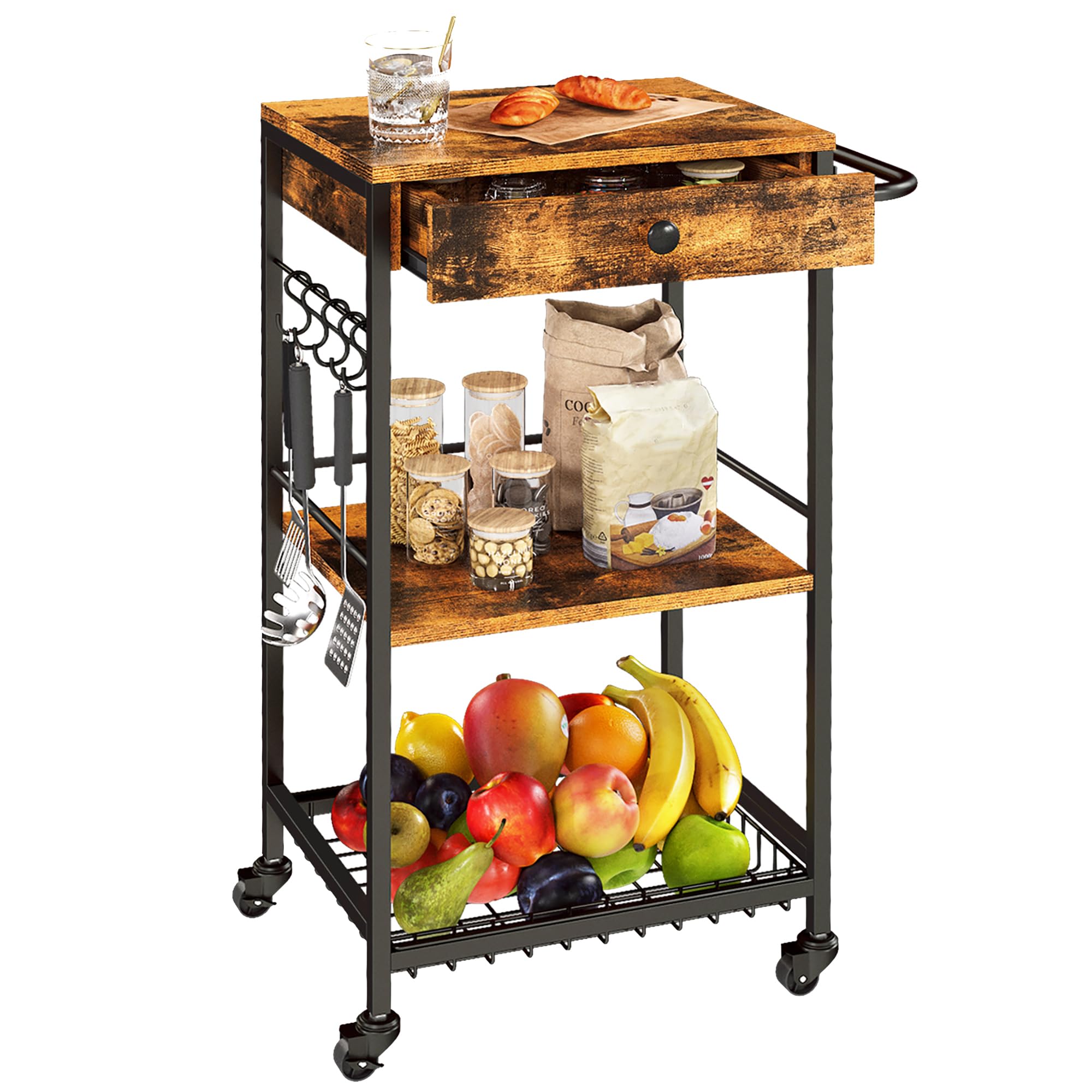 ODIKA Rustic Cabin Wooden Coffee Cart - Rolling Kitchen Island with Microwave Stand on Wheels, Spacious Storage Drawer - Perfect for Compact Homes & Small Apartments