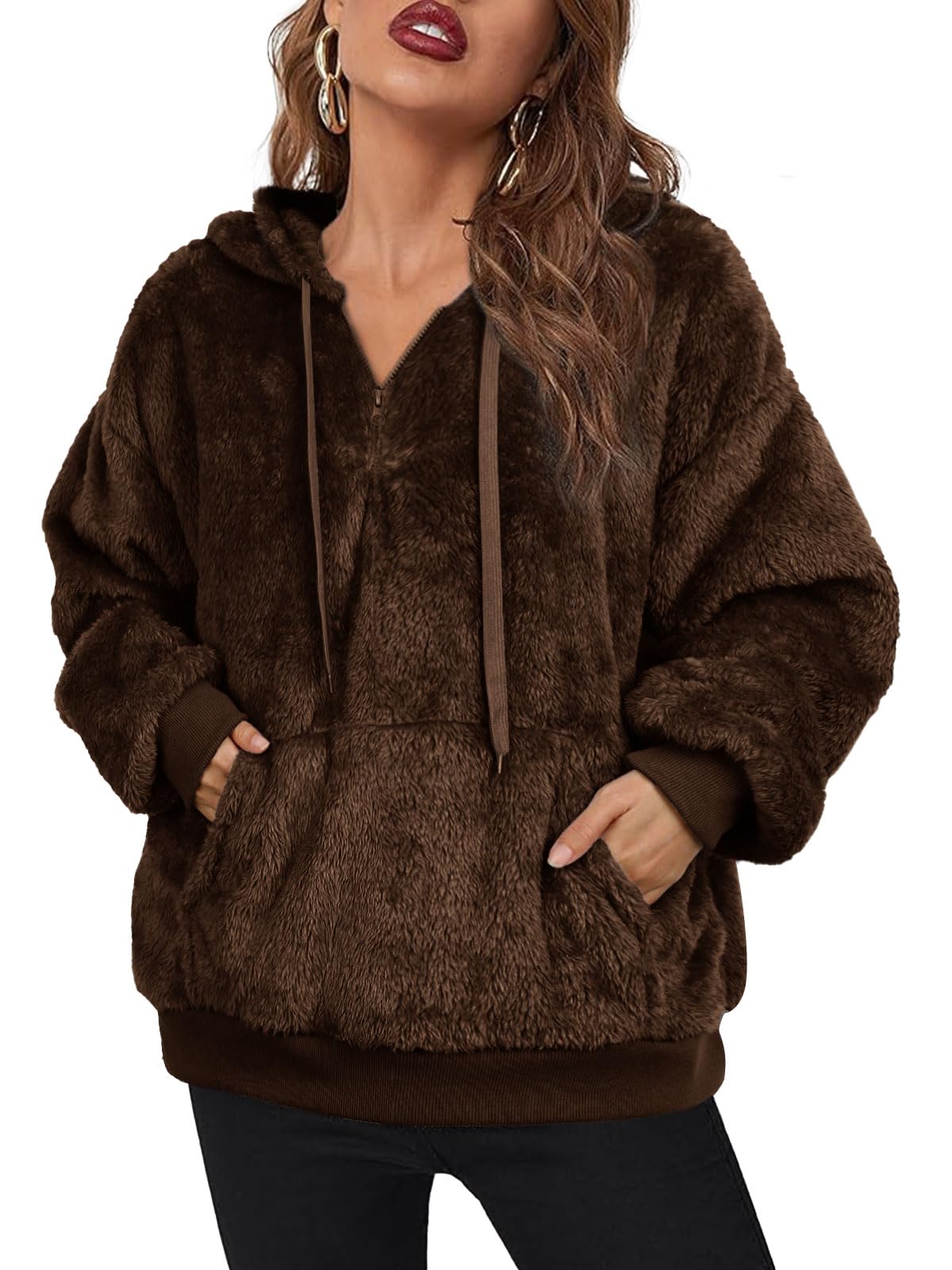 NIeyook Womens Fuzzy Sherpa Lined Hoodie Warm Fleece Hooded Oversized Sweatshirt with Pockets Zip up Fluffy Pullover Hoodies Brown