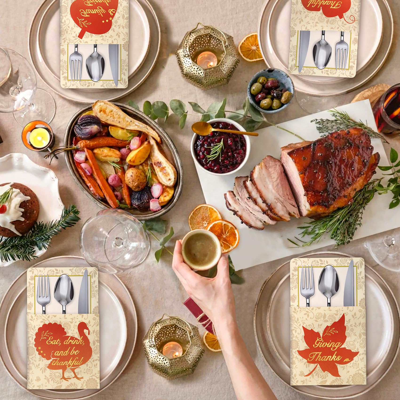 Roberly 36 Pcs Thanksgiving Cutlery Holder Table Decor, Thanksgiving Gold Foil Utensil Holder Pockets for Autumn Harvest Thanksgiving Essentials Party Supply Dinner Table Decorations