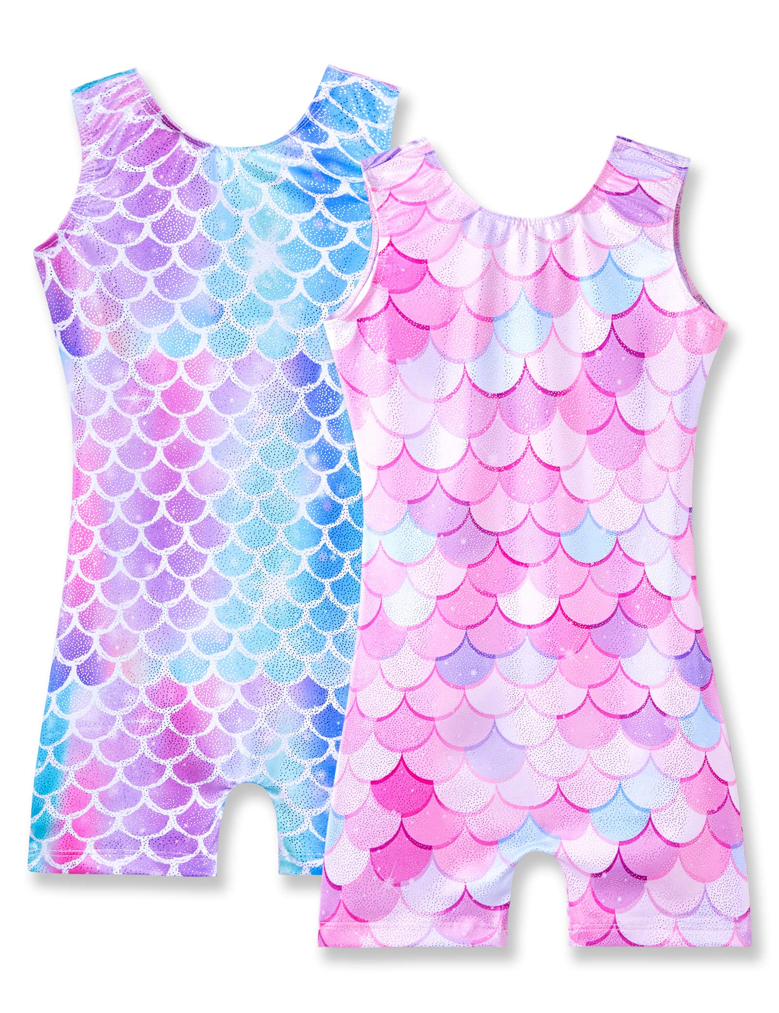 Nymphperi Girls Gymnastics Leotards Size 6-7 Years Old Sparkly Blue Pink Mermaid Scale Biketards with Shorts for Children Practice Workout
