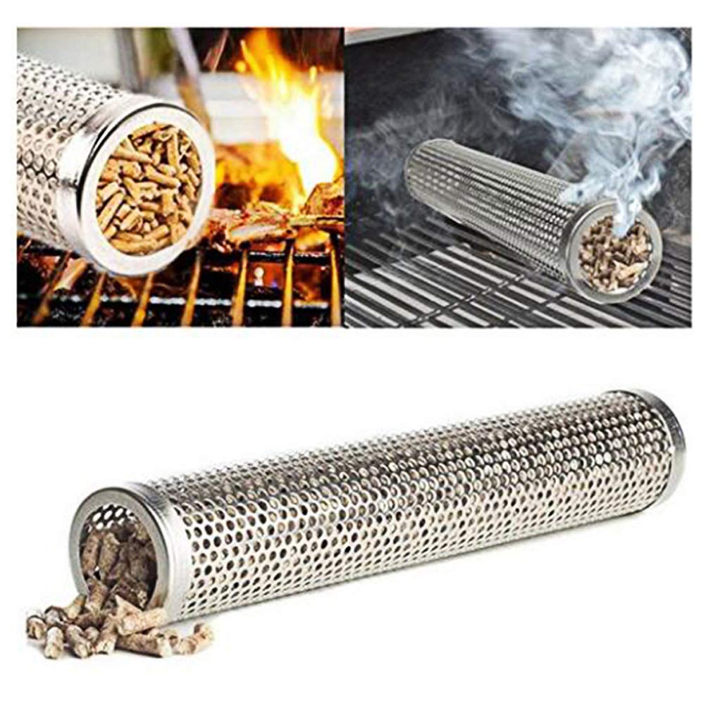 Ozgkee Mesh Pellet Smoker Tube Outdoor Round Cold Hot Stainless Steel Barbecue Smoker Generator (Silver)