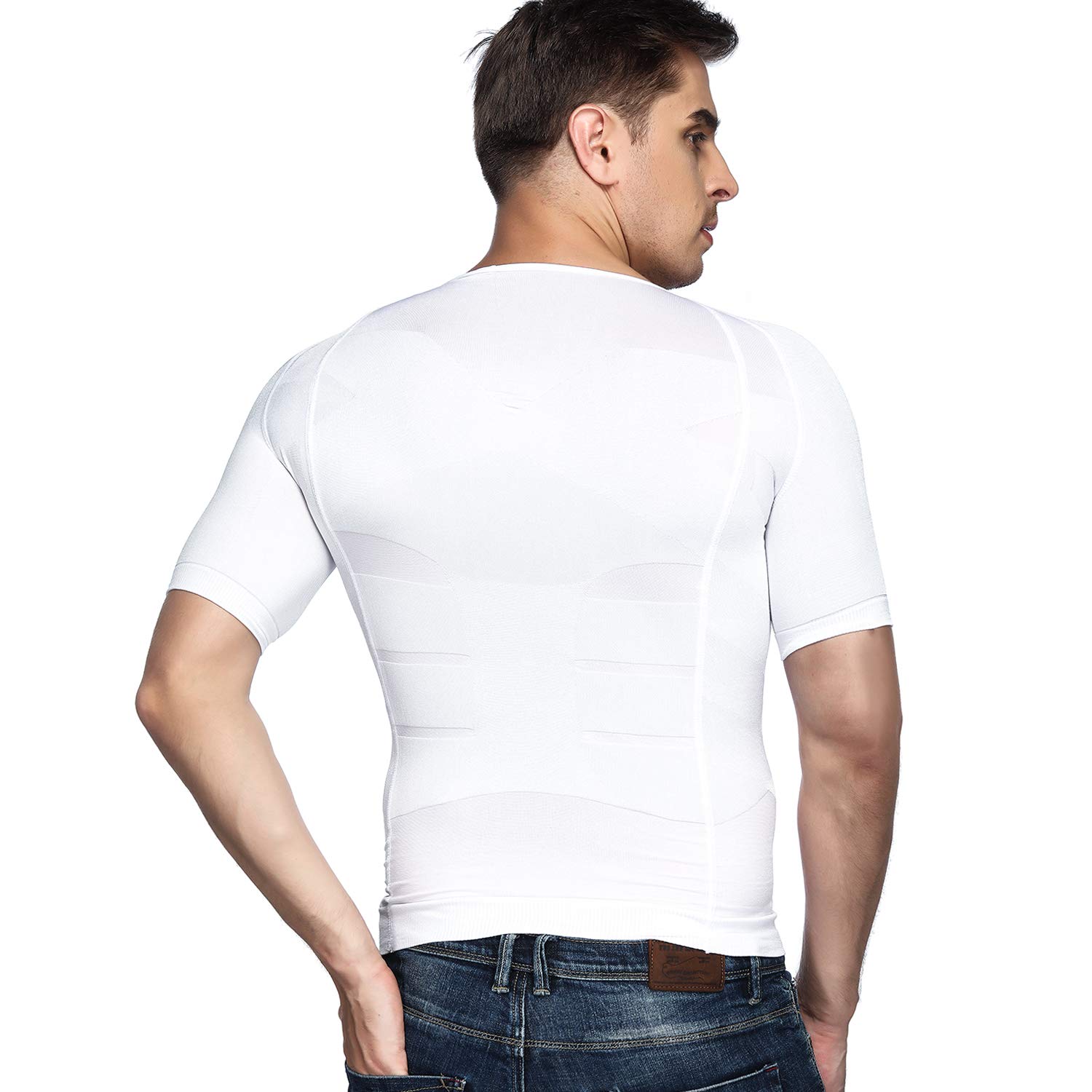 Odoland Men's Body Shaper Slimming Shirt Tummy Vest Thermal Compression Base Layer Slim Muscle Short Sleeve Shapewear, White L