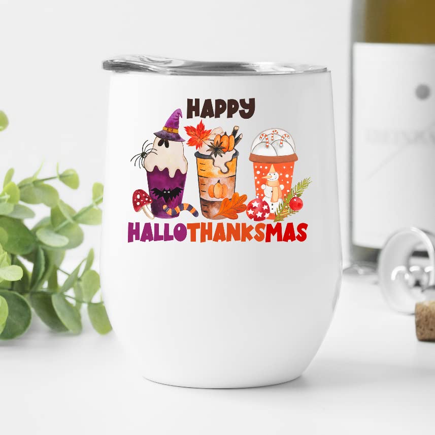 Savvy Sisters Gifts Happy Hallothanksmas Insulated Stainless Steel Wine Tumbler Christmas Bar Tumbler Wine Lover Christmas Bar, three in one holiday 12 oz