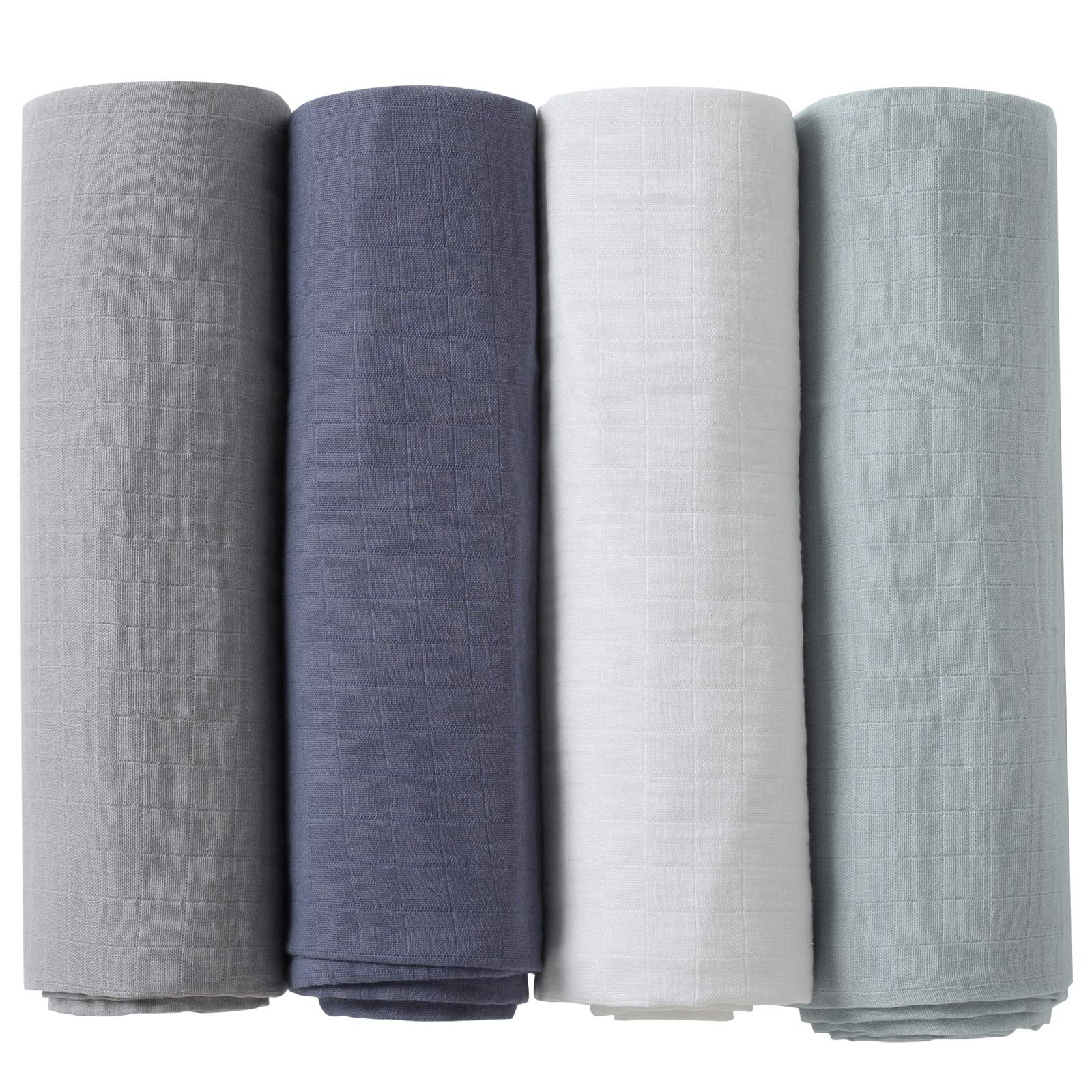 POMISO Muslin Swaddle Blankets, Baby Swaddle Blanket, Large 47 x 47 inches Muslin Baby Blanket wrap for Baby Boys and Girls, 4 Pack, Solid Color, Grey Blue White Green