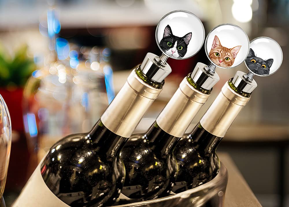 WIRESTER Set of 3 Stainless Steel Decorative Wine Bottle Stoppers For Bar, Holiday, Party, Wedding - Orange Tabby Cat, Black Bombay Cat, Tuxedo Cat