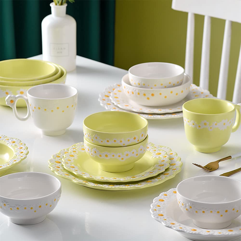WAYUTO Ceramic Daisy Serving Bowl Embossed Crockery Soup Dessert Bowl Daisy Edge Relief Dinnerware Round Dining Bowl for Ice Cream Kitchen Decoration Tableware Dinnerware Household Wedding