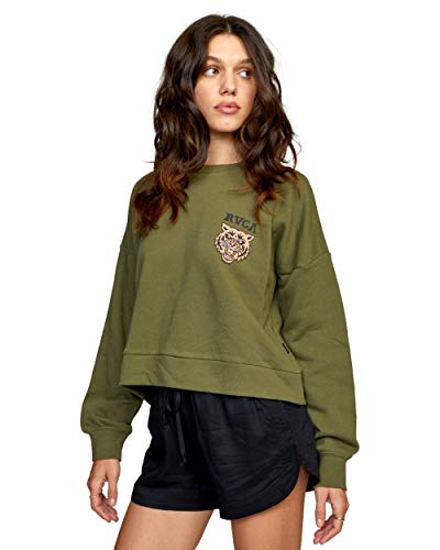 RVCA Women's Graphic Fleece Pullover Crew Neck Sweatshirt, Heritage/Dark Moss, Small