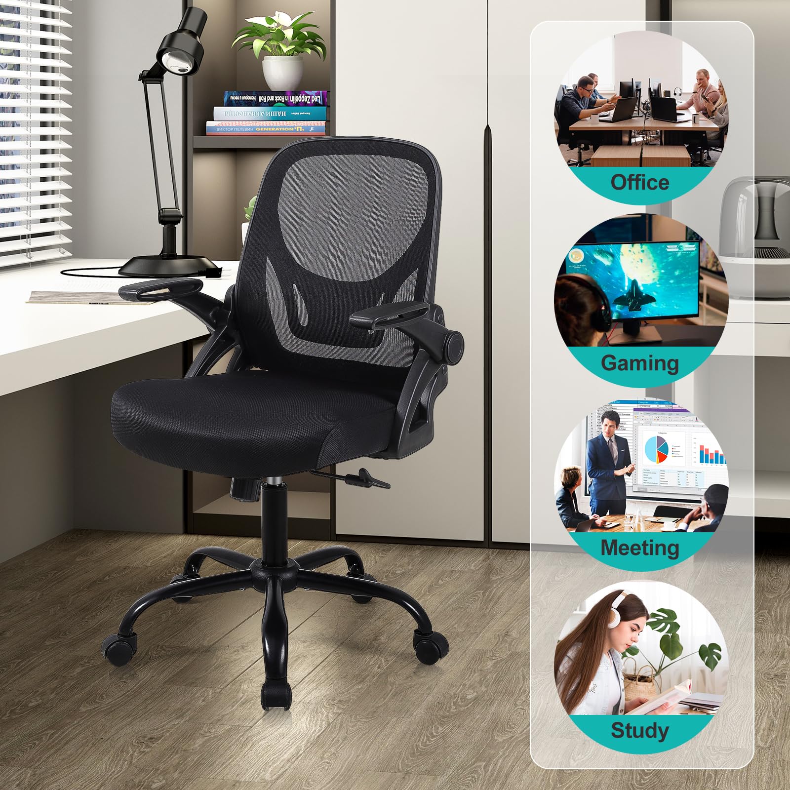 Nusetx Office Chair, Ergonomic Desk Chair - Thick Cushion Adjustable Height Computer Chair with Lumbar Support and Flip-up Armrests, Home Office Desk Chairs, Swivel Executive Task Chair, Black
