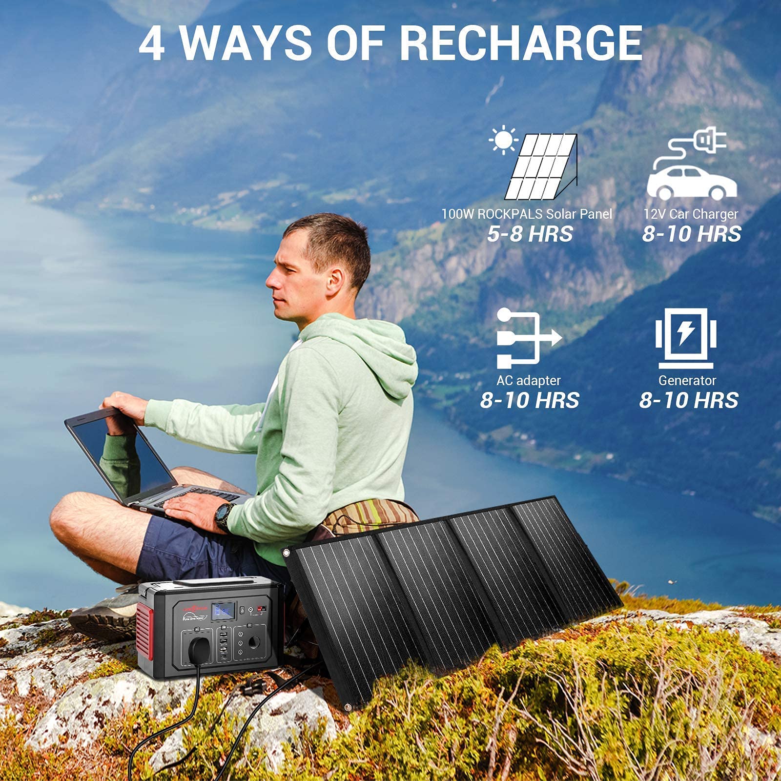 ROCKPALS 350W Portable Power Station and ROCKPALS Foldable 100W Solar Panel Charger, CPAP Backup Battery Pack for Camping, Home, Emergency