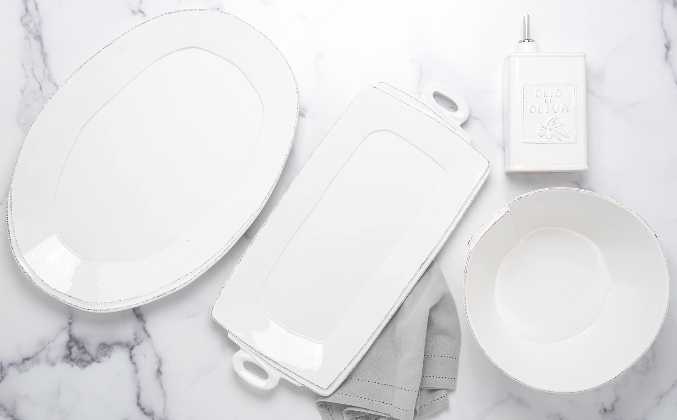 Vietri Lastra White Collection Italian Serveware Sets (Handled Rectangular Platter)
