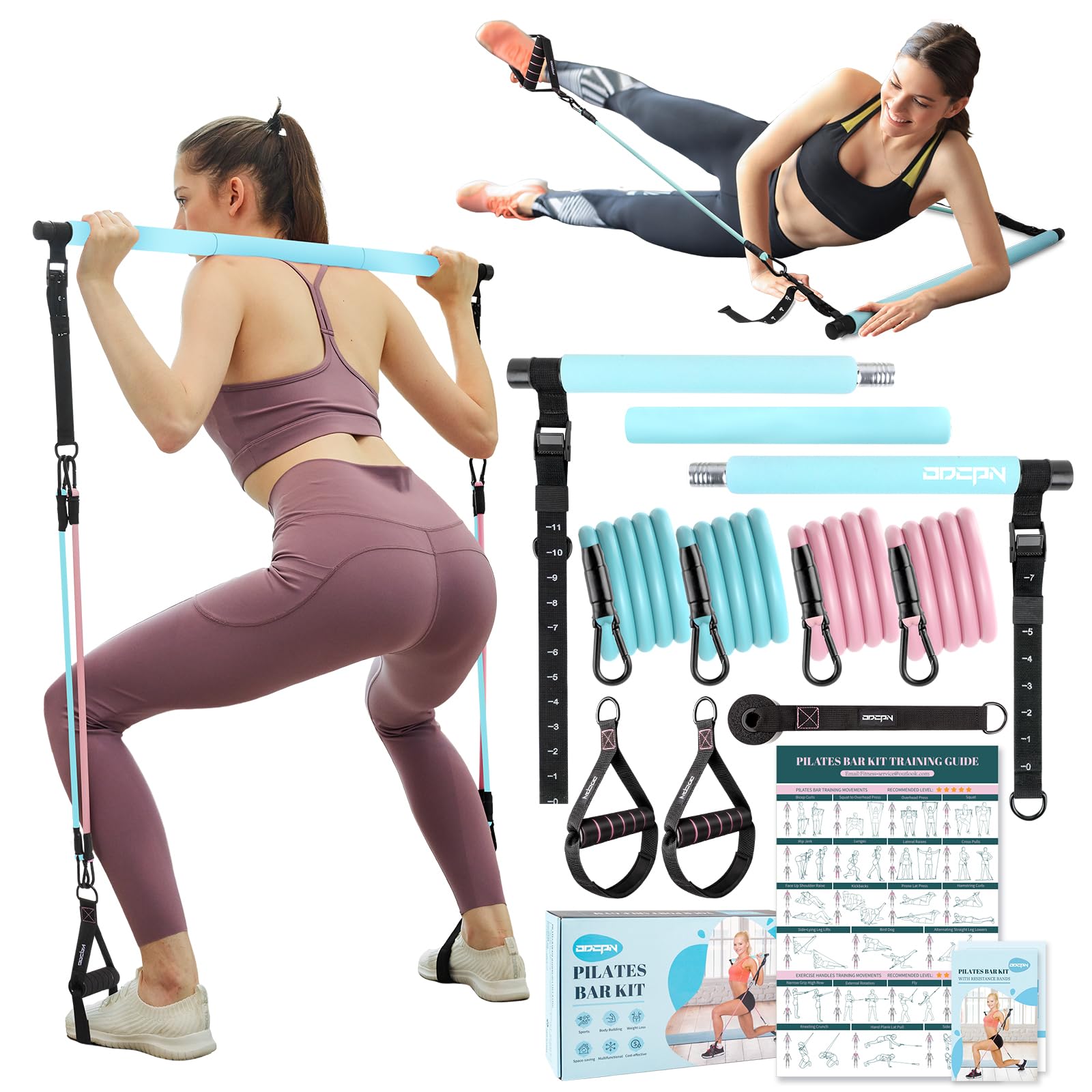 Pilates Bar Kit with Resistance Bands, Multifunctinal Exercise Bar with Resistance Bands for Pilates/Abs/Weight Loss, Portable Home Gym Pilates bar kit for Full Body Training Women - Blue