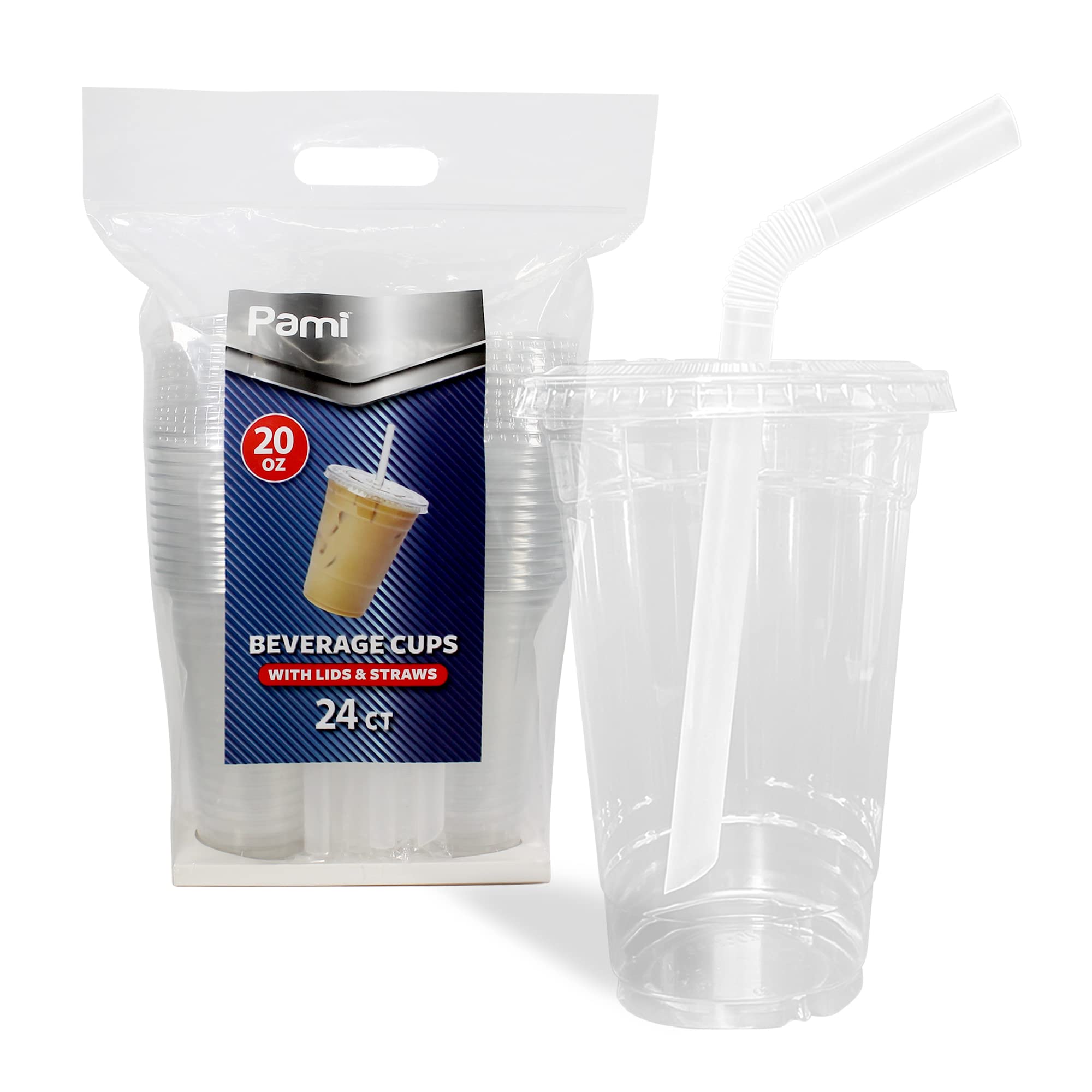 PAMI Crystal Clear 20oz Plastic Cups With Lids & Straws [Pack of 24] - Disposable Beverage Cups For Iced Coffee, Smoothies, Bubble Boba Tea & More- 100% Leak-proof Party Cups- Large Slush Cups To Go