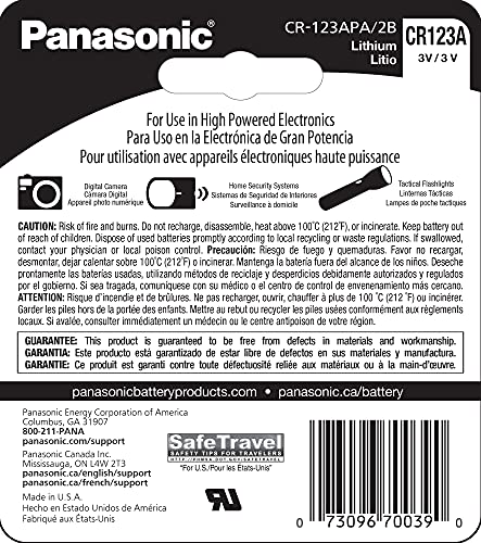 Panasonic CR123A 3V Long Lasting Lithium Batteries for Tactical Flashlights, Home Security Systems, Cameras, Lighting Equipment and Other Devices, 2-Battery Pack