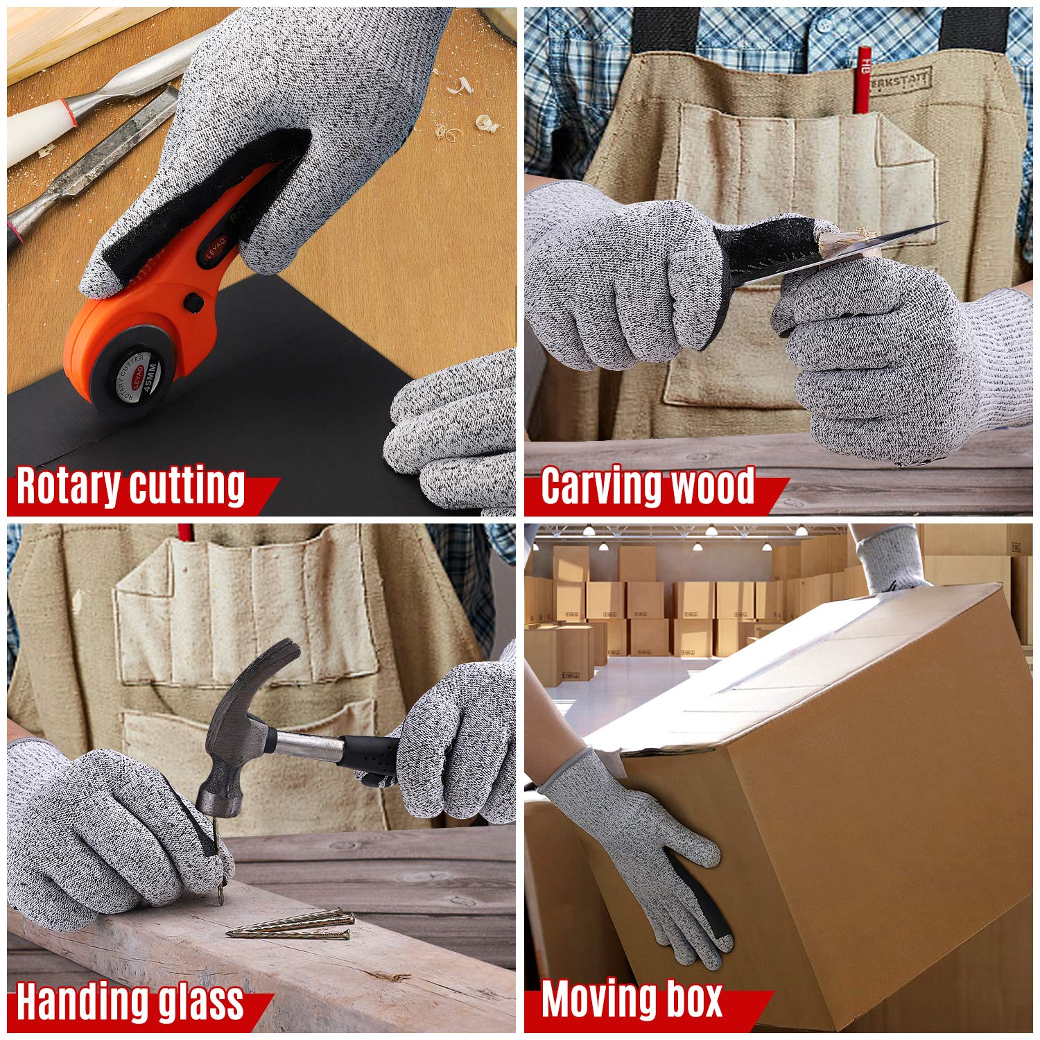 Schwer Level 5 Cut Resistant Cutting Gloves for Wood Carving Rotary Cutting Handling Glass Moving Boxes with Rubber Grip (M)