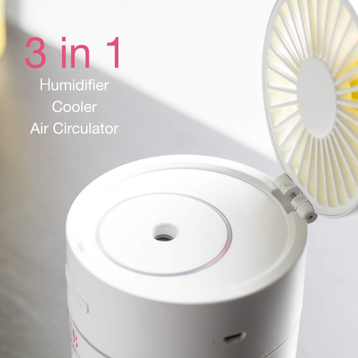 Sciobella Mini Portable Cool Mist Humidifier with Fan for Bedroom Office Desk Travel Car Hotel 400ml 2 Mist Mode 7 LED Night Light 3 Fan Speed Setting USB Rechargeable Auto Shut-off