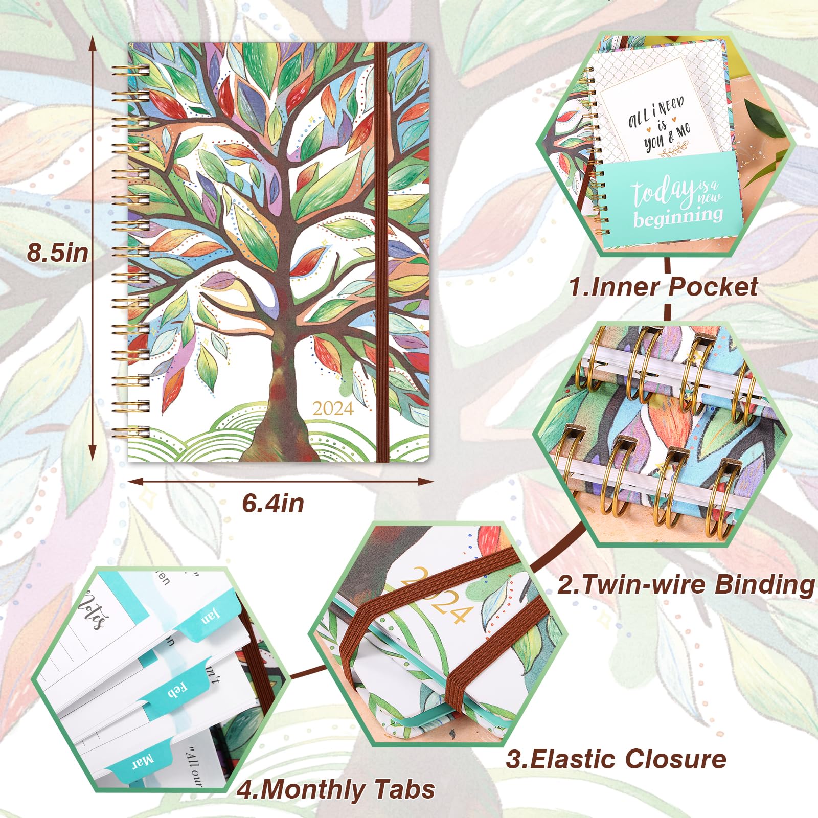 Planner 2024 - JAN. 2024 - DEC. 2024, 2024 Planner, Planner 2024, Weekly & Monthly Planner 2024 with Tabs, 6.3" x 8.4", Hardcover with Back Pocket + Thick Paper + Twin-Wire Binding - Watercolor Tree