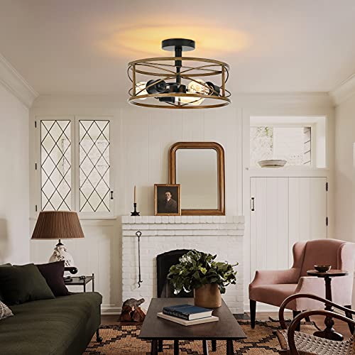 PUSU Ceiling Light Fixture,Industrial Semi Flush Mount Ceiling Light with Metal Wooden Cage and Matte Black Ceiling Lights for Living Room Kitchen Dining Room Bedroom Hallway