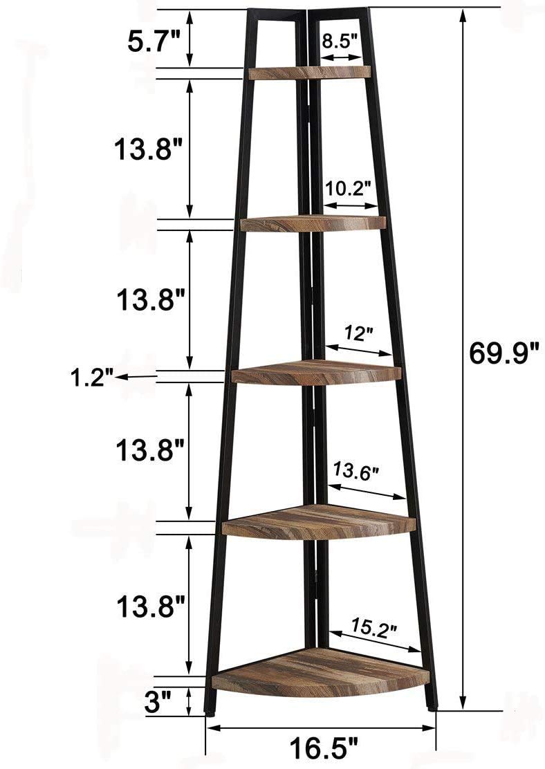 O&K FURNITURE 5 Shelf Industrial Corner Bookcase and Shelf, A-Shaped Display Corner Storage Rack Bookshelf-70-Inch, Oak Finish
