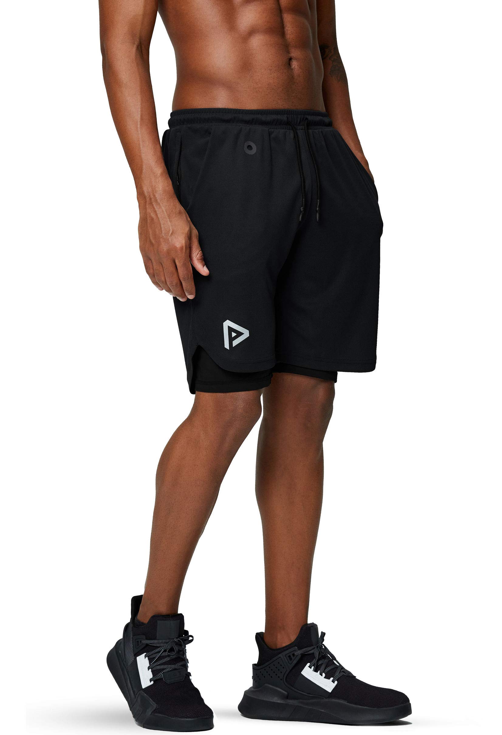 Pinkbomb Men's 2 in 1 Running Shorts Gym Workout Quick Dry Mens Shorts with Phone Pocket (Black, Large)