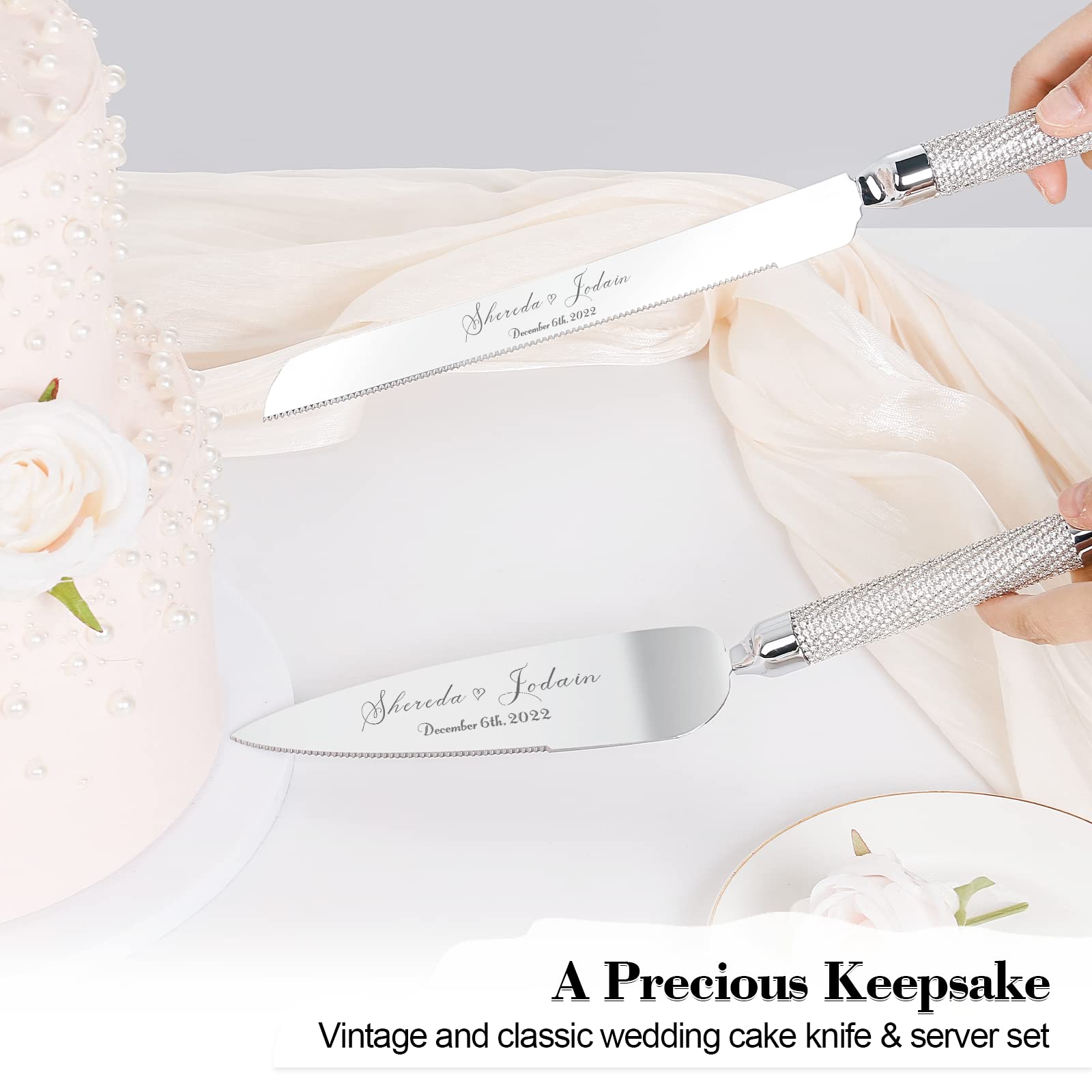 Wedding Cake Knife and Server Set, Personalized Cake Cutting Set, Engraved Elegant Cake Cutters With Sparkling Diamonds, Custom Pie Spatula and Cake Knife, Birthday Bridal Quinceañera Gift (Silver 3)