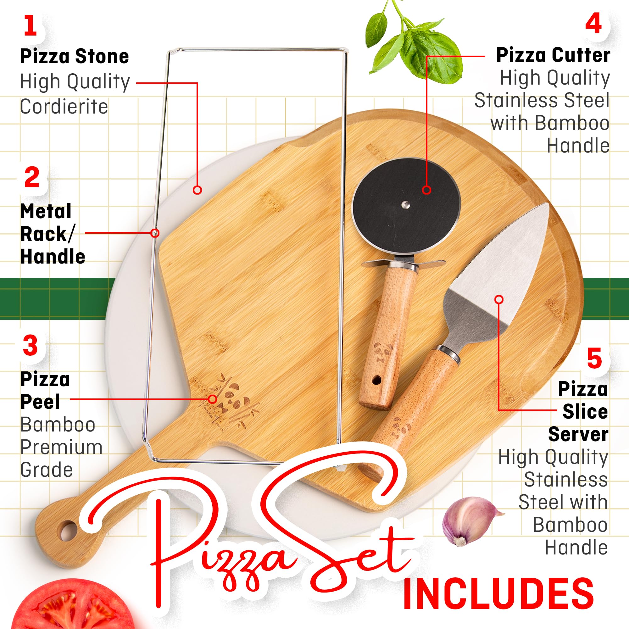 PANDA LAND Large 14" Round Pizza Stone 5-Piece set with Extra-Large Bamboo Pizza Peel Cutter Slice Server Wire Rack | Perfect Pizza Set with all Grilling Accessories| Pizza Stone for Oven and Bbq