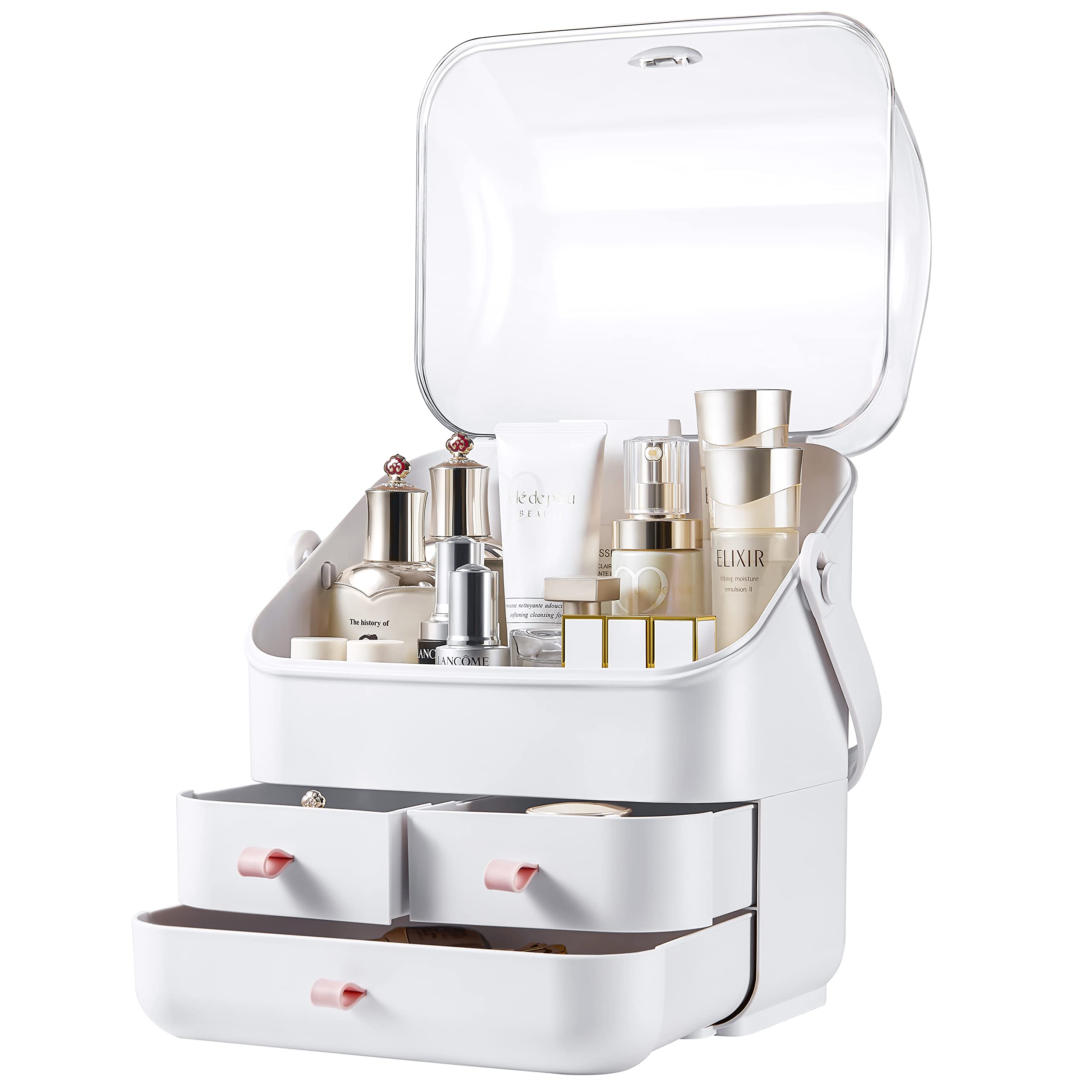 SUNFICON Makeup Organizer Holder Cosmetic Storage Box with Dust Free Cover Portable Handle,Fully Open Waterproof Lid, Dust Proof Drawers,Great for Bathroom Countertop Bedroom Dresser White