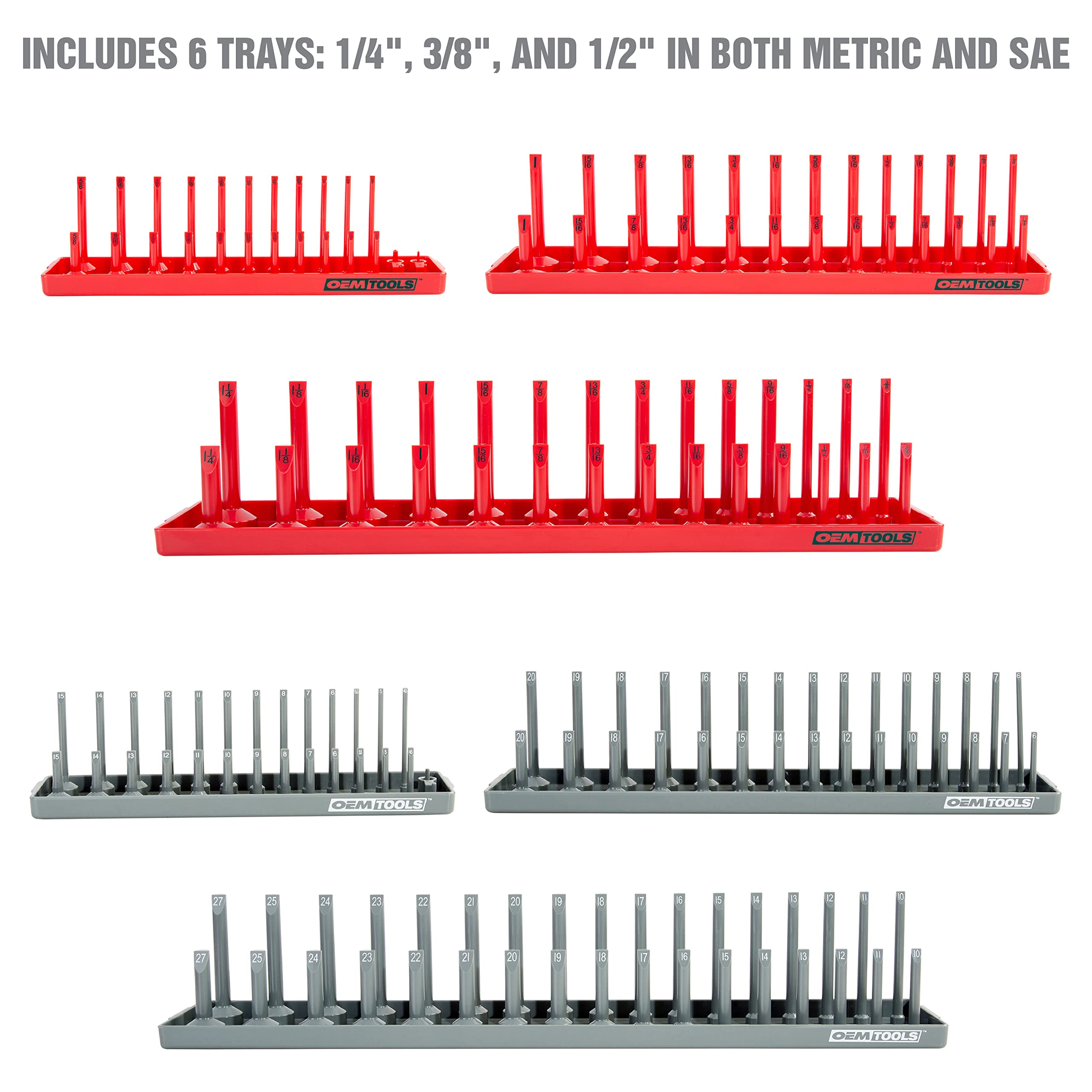 OEMTOOLS 22413 6 Piece SAE and Metric Socket Tray Set, SAE and Metric Socket Storage for Sizes 1/4", 3/8β, and 1/2" Drive, Socket Holders and Socket Organizer Tray for Toolbox, Red/Grey