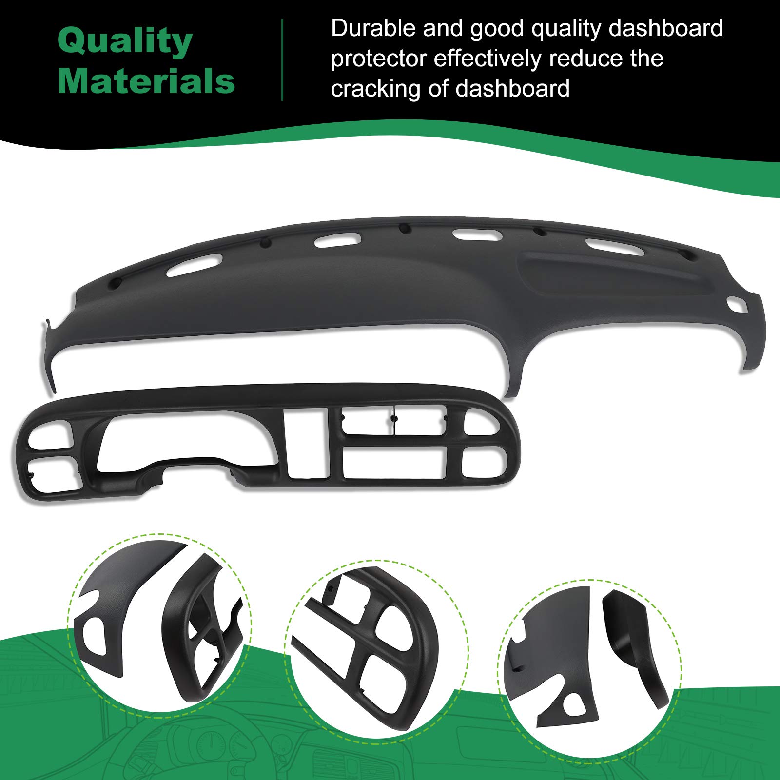 SCITOO Dash Cover & Instrument Panel Cover Kit Fits for Dodge for Ram 1500 2500 3500 1998-2002 Molded Black Overlay
