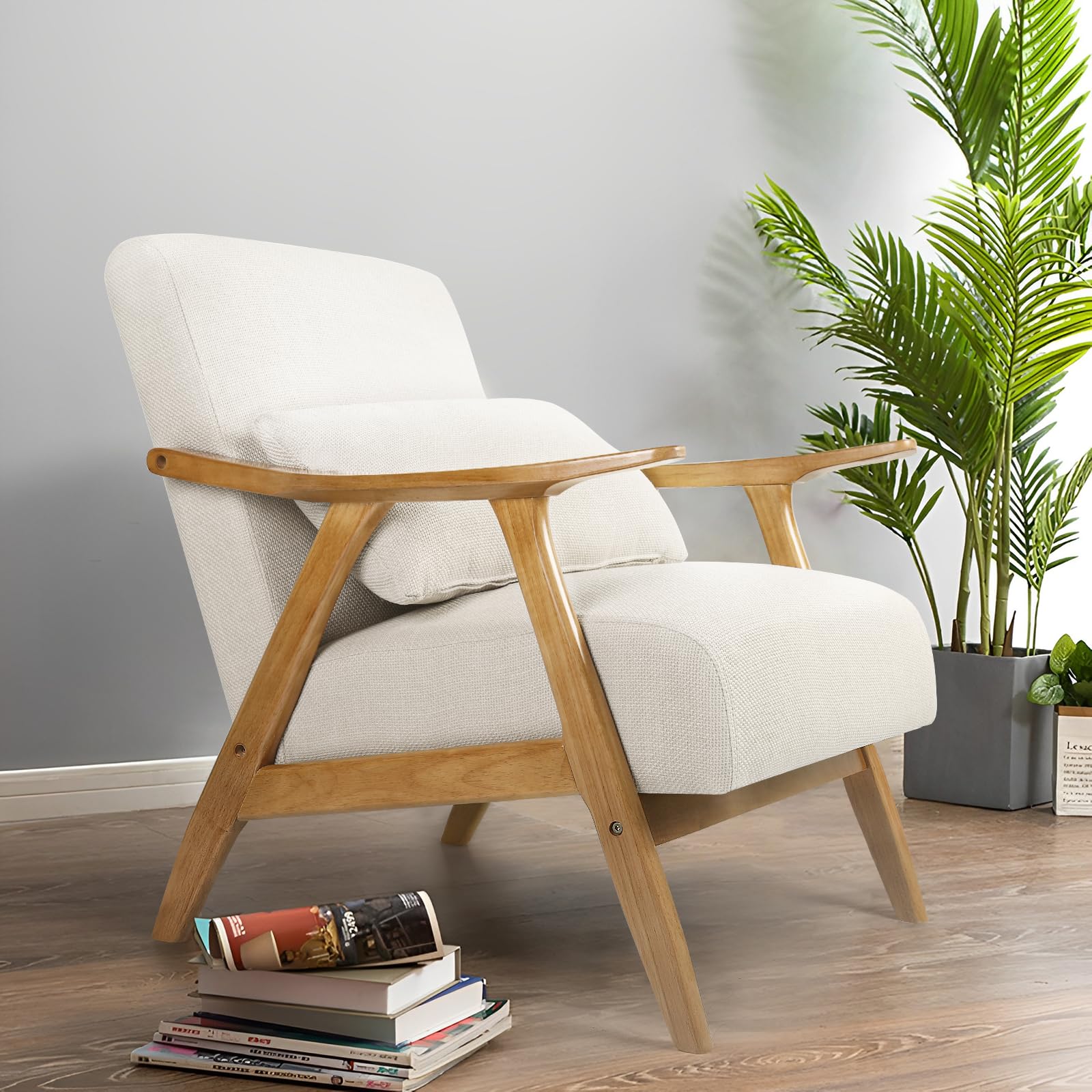 OAKHAM Mid Century Modern Accent Chair, Single Fabric Lounge Reading Armchair with Soft Wood Frame, Easy Assembly Arm Rest Chairs for Living Room, Bedroom Walnut-Brown (Walnut-Beige)