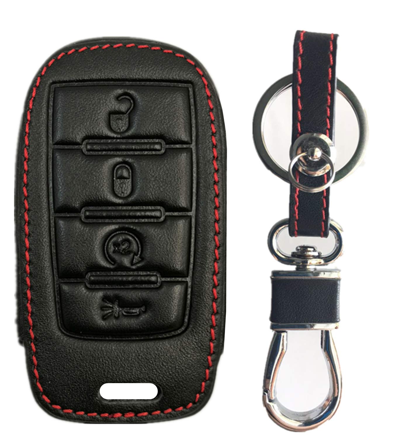Rpkey Leather Keyless Entry Remote Control Key Fob Cover Case protector For Replacement Fit For 2019-2020 RAM 1500(4-Button)Black red line