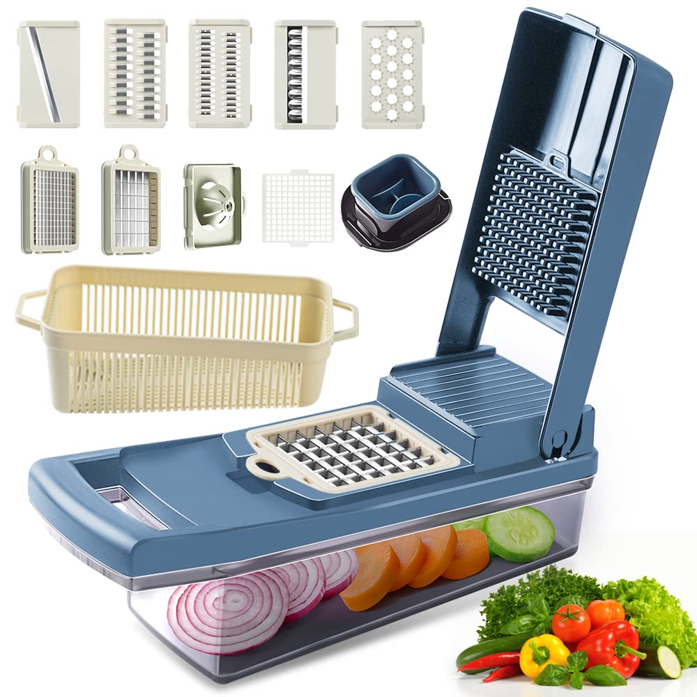 OuYteu Vegetable Chopper Dicer Onion Chopper, 15 in 1 Food Chopper Fruits Cutter with 7 Stainless Steel Blades, Adjustable Slicer, Vegetable Cutter with Drain Rack Storage Container, Kitchen Gadget