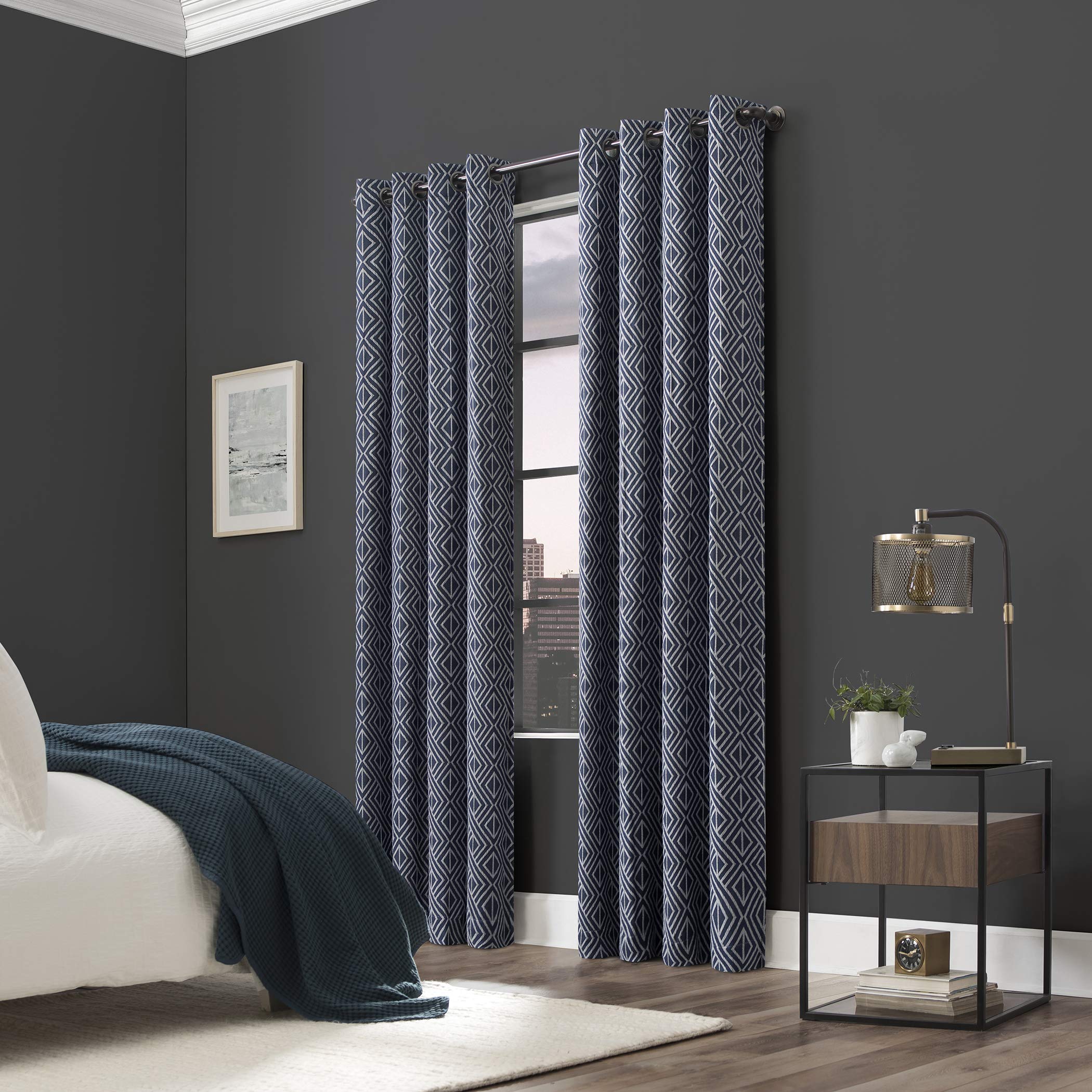 Scott Living Gresham Geometric Total Blackout Grommet Curtain Panel, 52" x 84", Blue