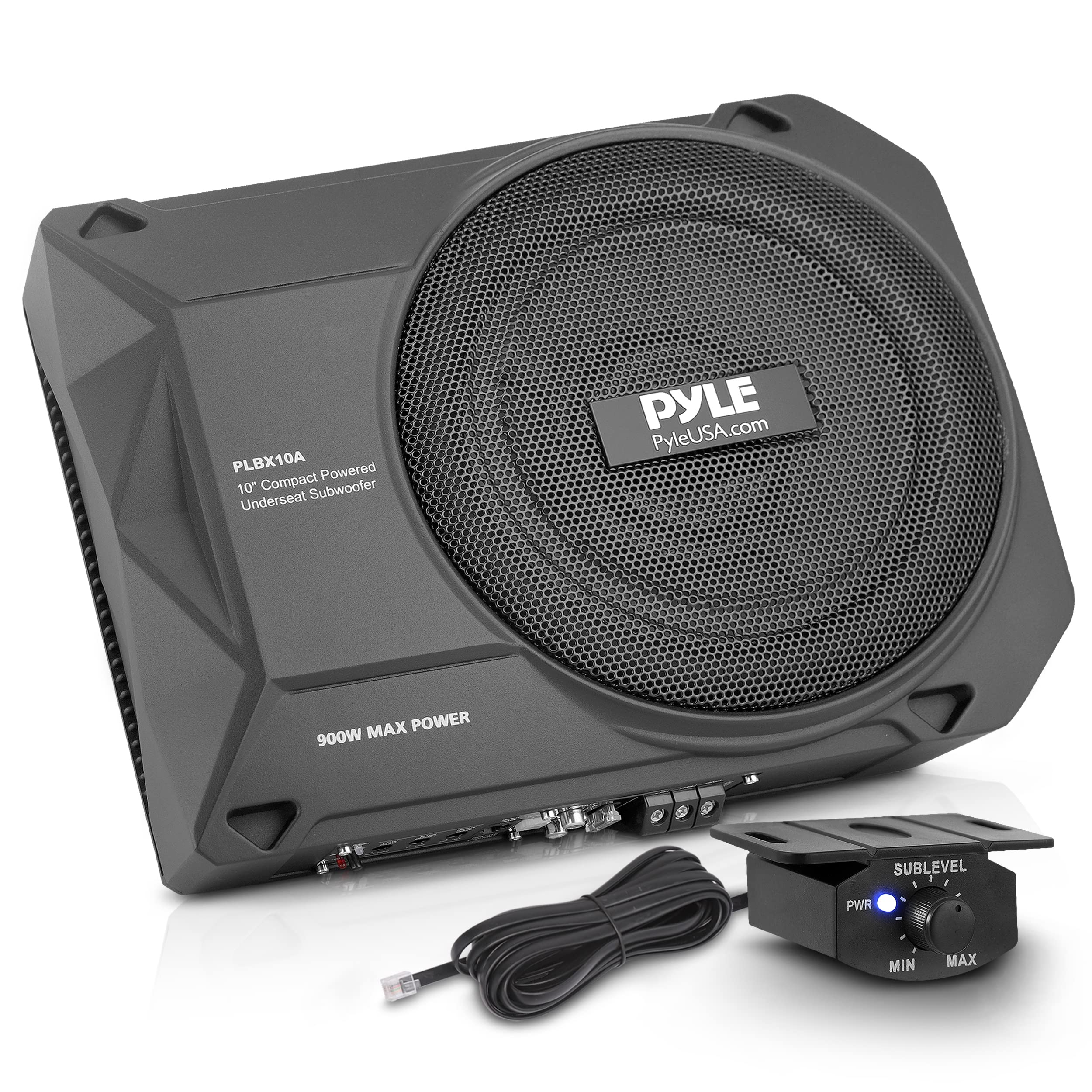 Pyle 10-Inch Low-Profile Amplified Subwoofer System - 900 Watt Compact Enclosed Active Underseat Car Audio Subwoofer with Built-in Amp, Powered Car Subwoofer w/Low & High-Level Inputs - PLBX10A