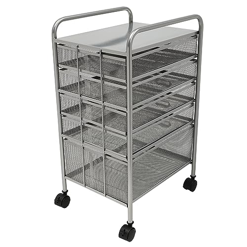 Rolling Carts with Wheels and Drawers, Metal Mesh 5 tier Rolling File Cart File Cabinet with Drawers Storage Cart, Silver