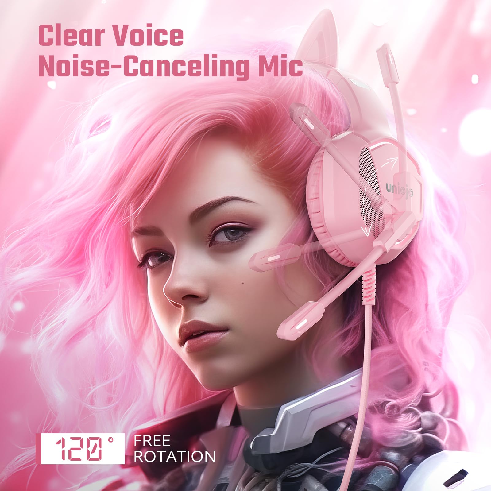 Pink Gaming Headset Noise-Canceling Mic with Stereo Surround,Wired Over-Ear Headphones with Retractable and Flexible Mic&Memory Foam Ear Pads,Removable Cat Ears,for Xbox Series, PS5, PS4, PC, Mobile.